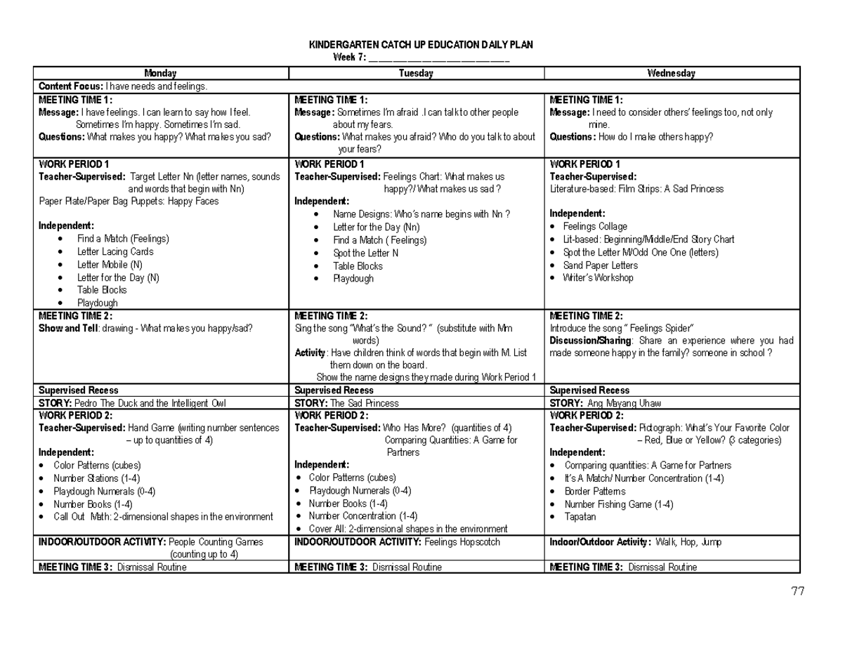 Kindergarten Lesson Plan Week 7 KINDERGARTEN CATCH UP EDUCATION DAILY