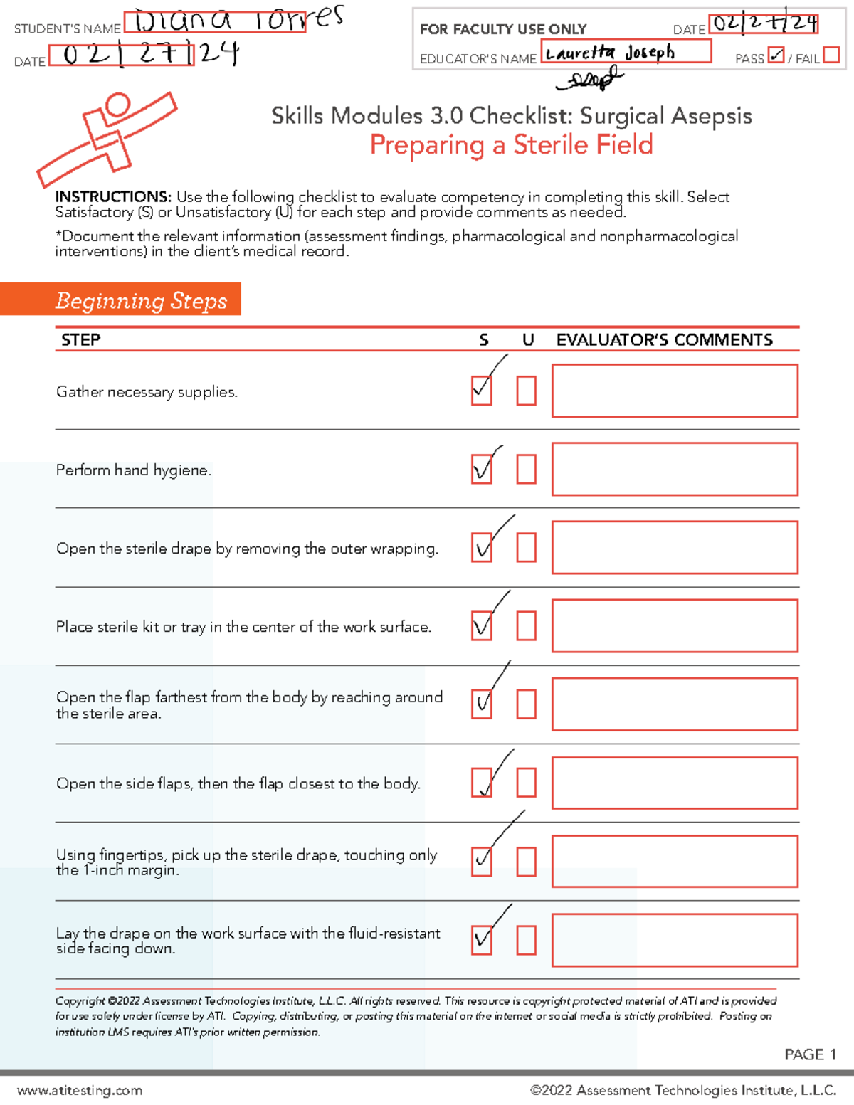 Skills Checklist Preparing Sterile Field - atitesting ©2022 Assessment ...