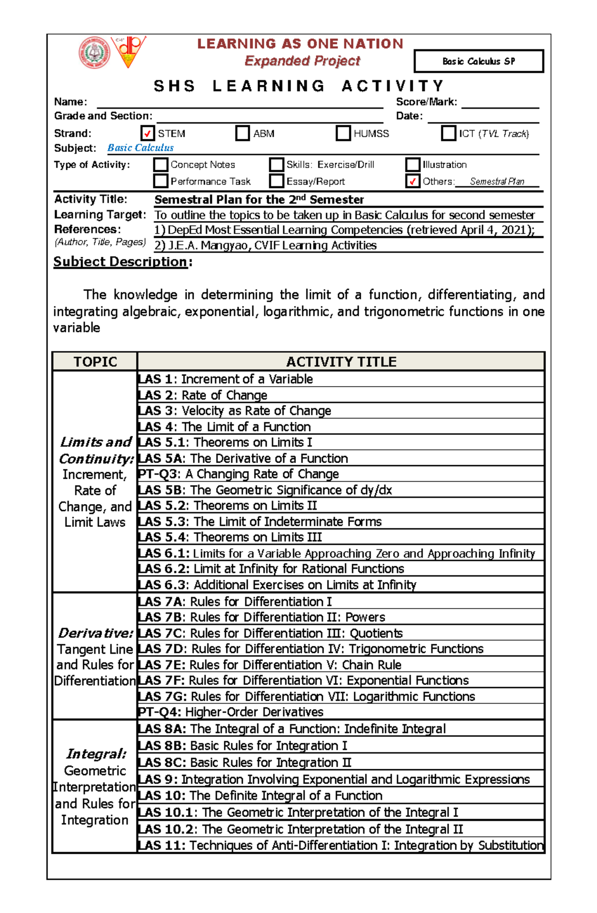 Basic Calculus LAS 0 Semestral Plan (2nd Semester) - ... LEARNING AS ...