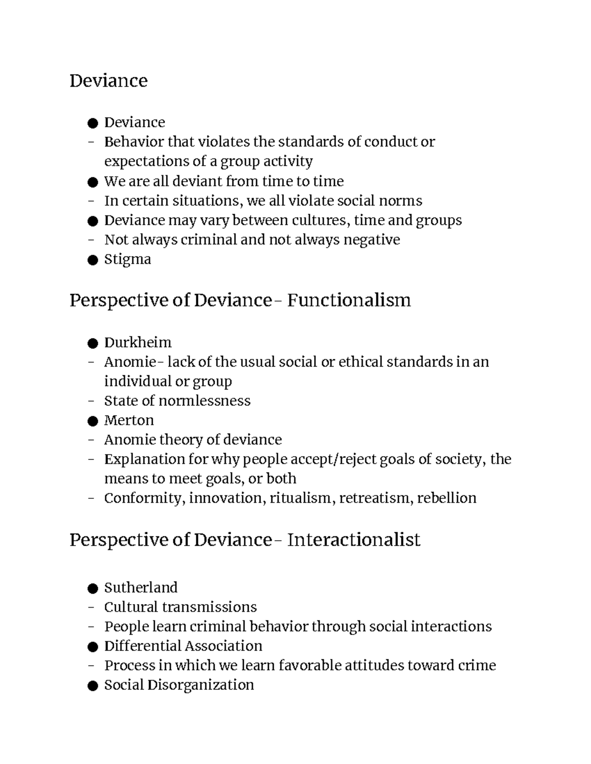 SOC 100 Notes - Deviance Deviance Behavior that violates the standards ...
