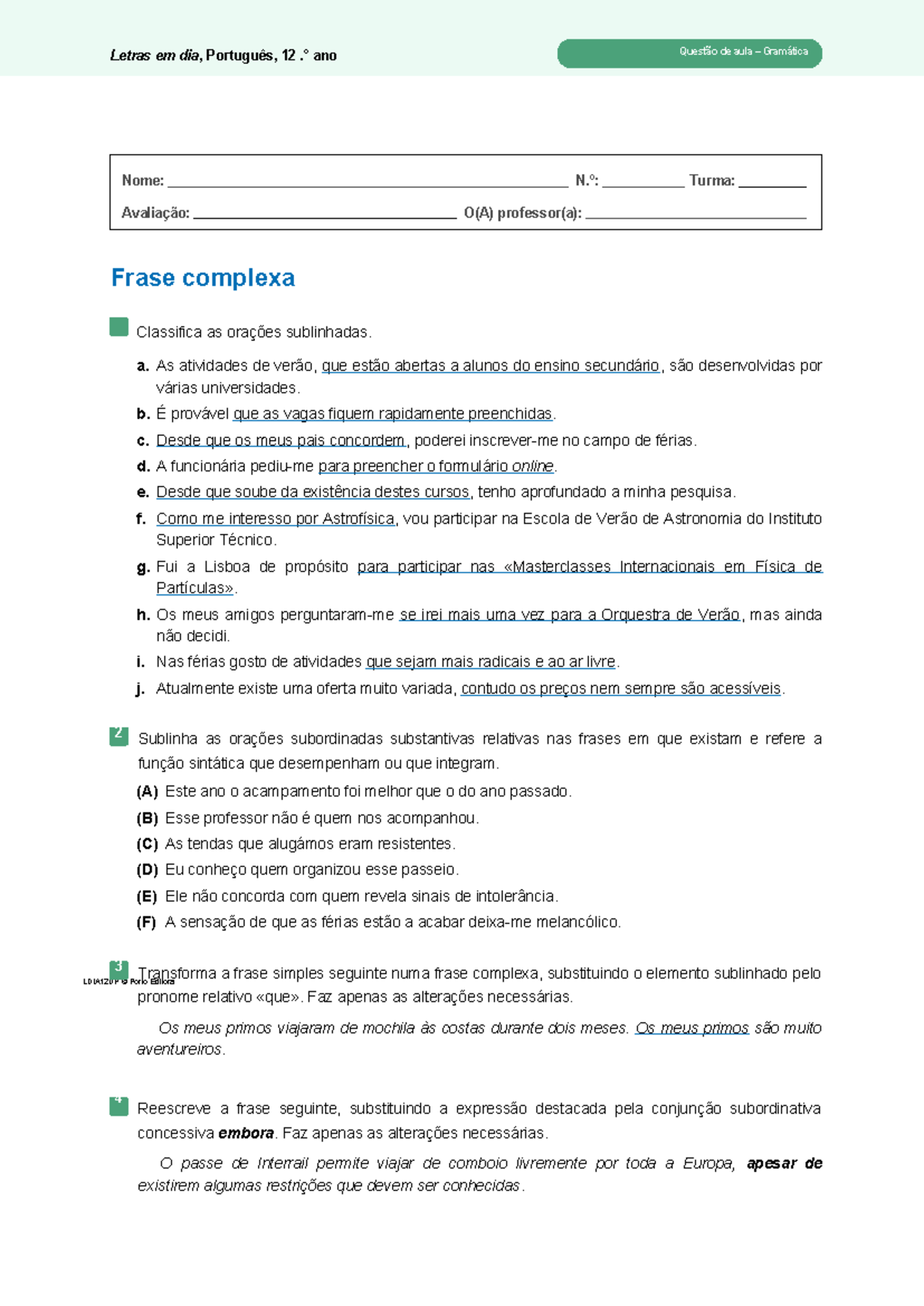 Frase complexa - ficha - LDIA12DP © Porto Editora Letras em dia ...