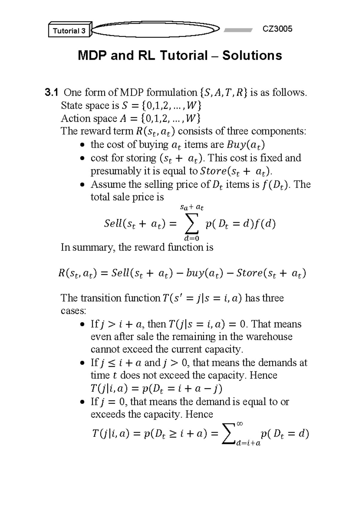 T3-MDP and RL- solution - CZ MDP and RL Tutorial – Solutions 3 One form ...