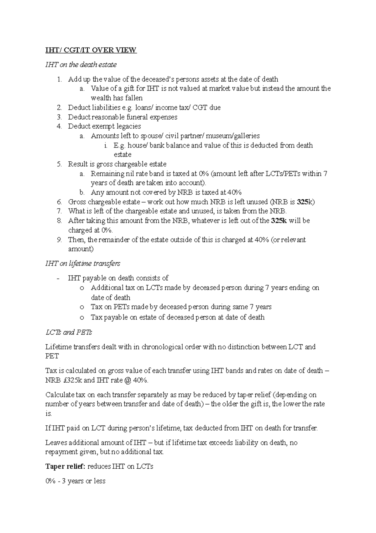 IHT breakdown - IHT/ CGT/IT OVER VIEW IHT on the death estate Add up ...