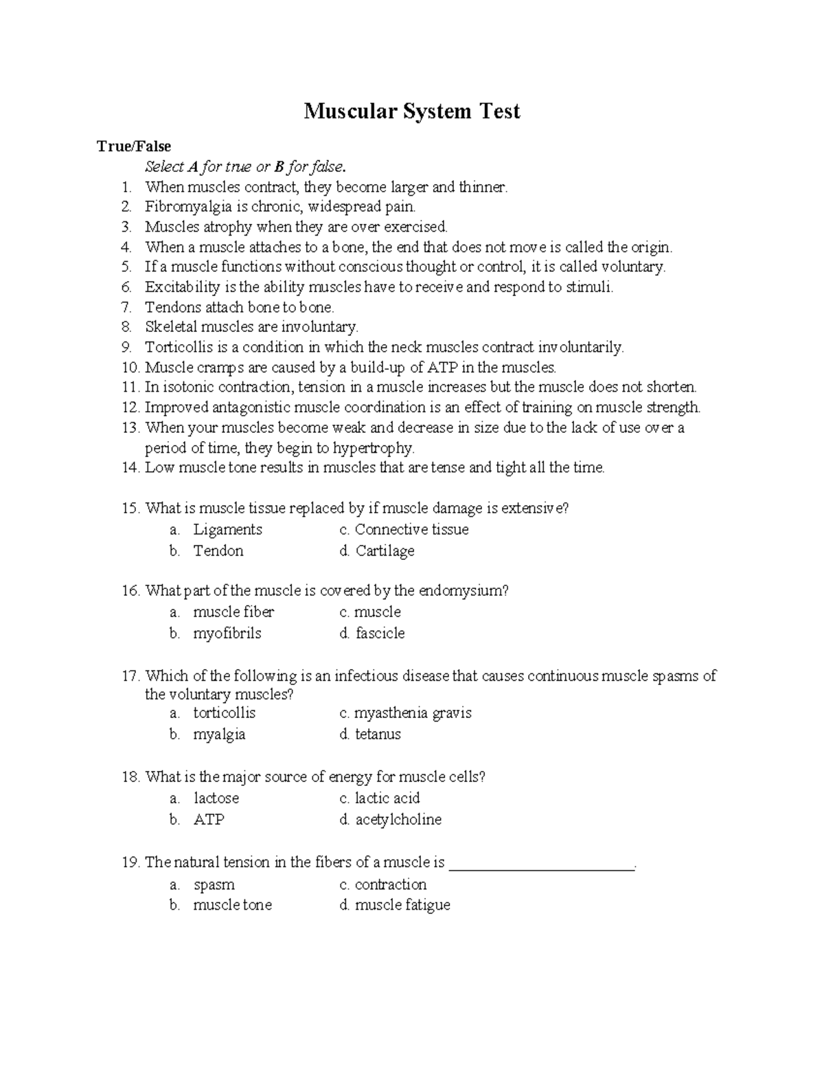 Muscular System Test 2 - Trending sheet - Muscular System Test True ...