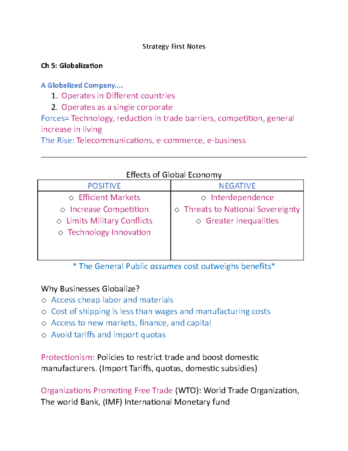 Strategy First Ch 5 Notes - Strategy First Notes Ch 5: Globalization A ...