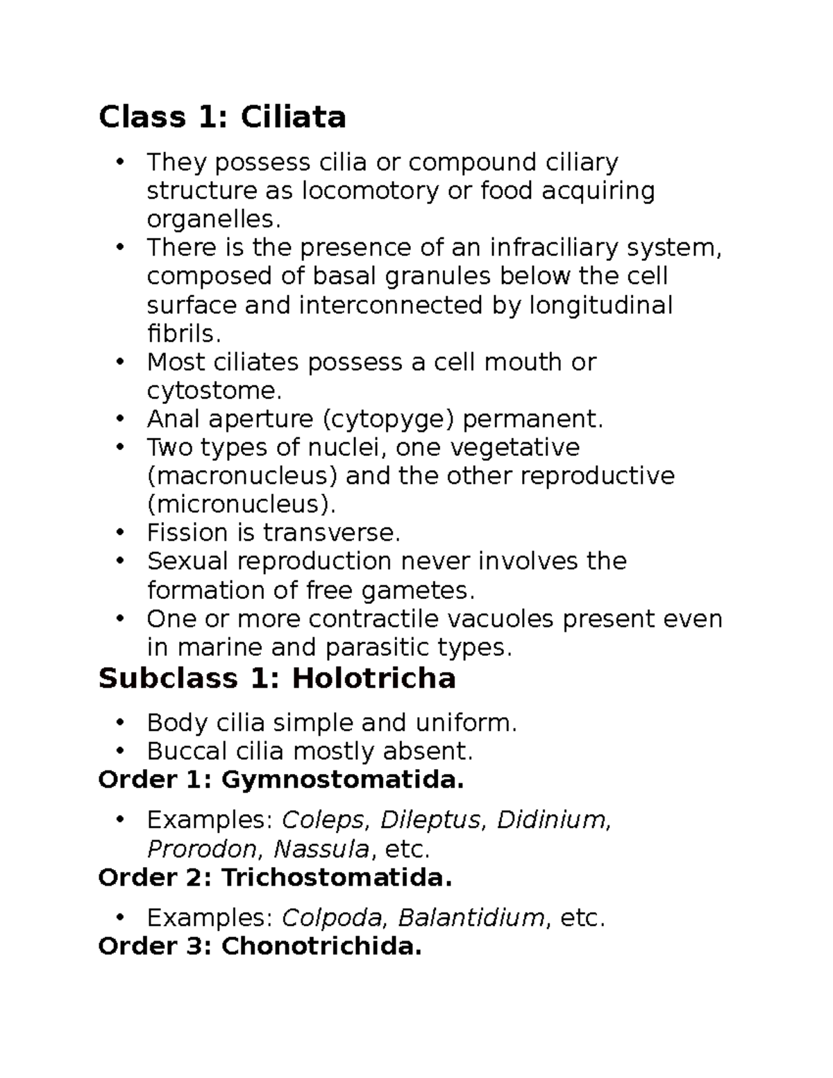 Bio 16 - notes - Class 1: Ciliata They possess cilia or compound ...