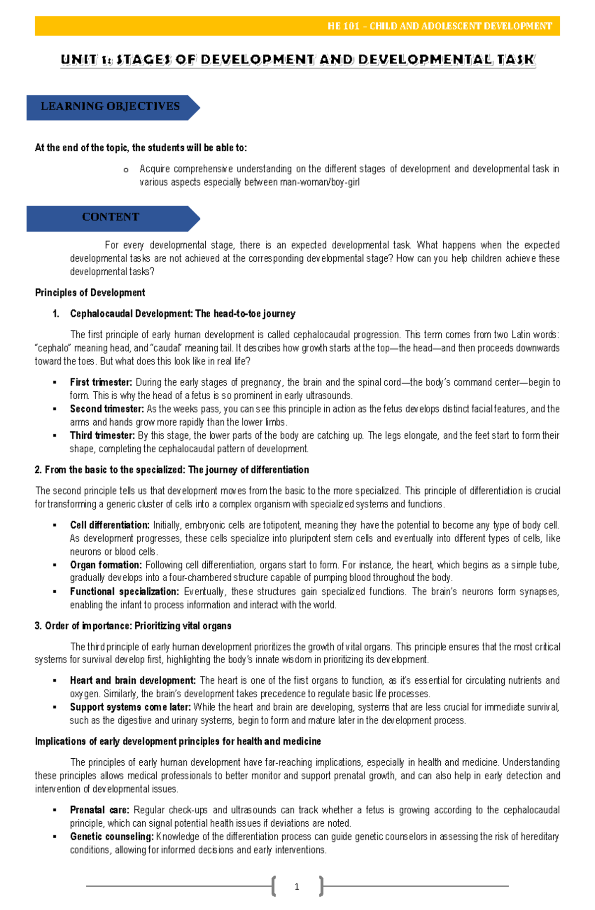 HE 101 UNIT 1 - STUDY FIRST - At the end of the topic, the students ...