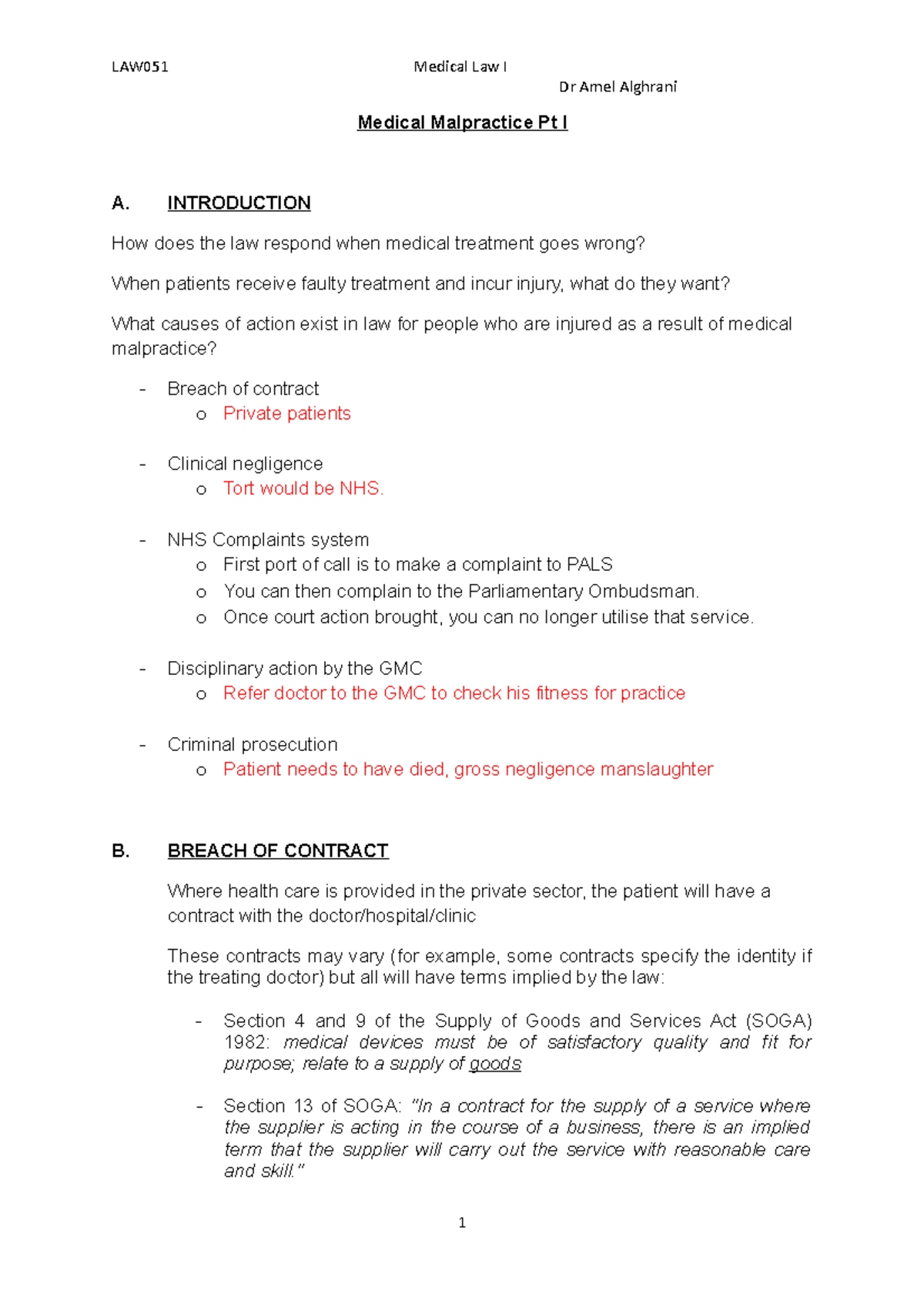 Medical Negligence 2017 Handout - Dr Amel Alghrani Medical Malpractice ...