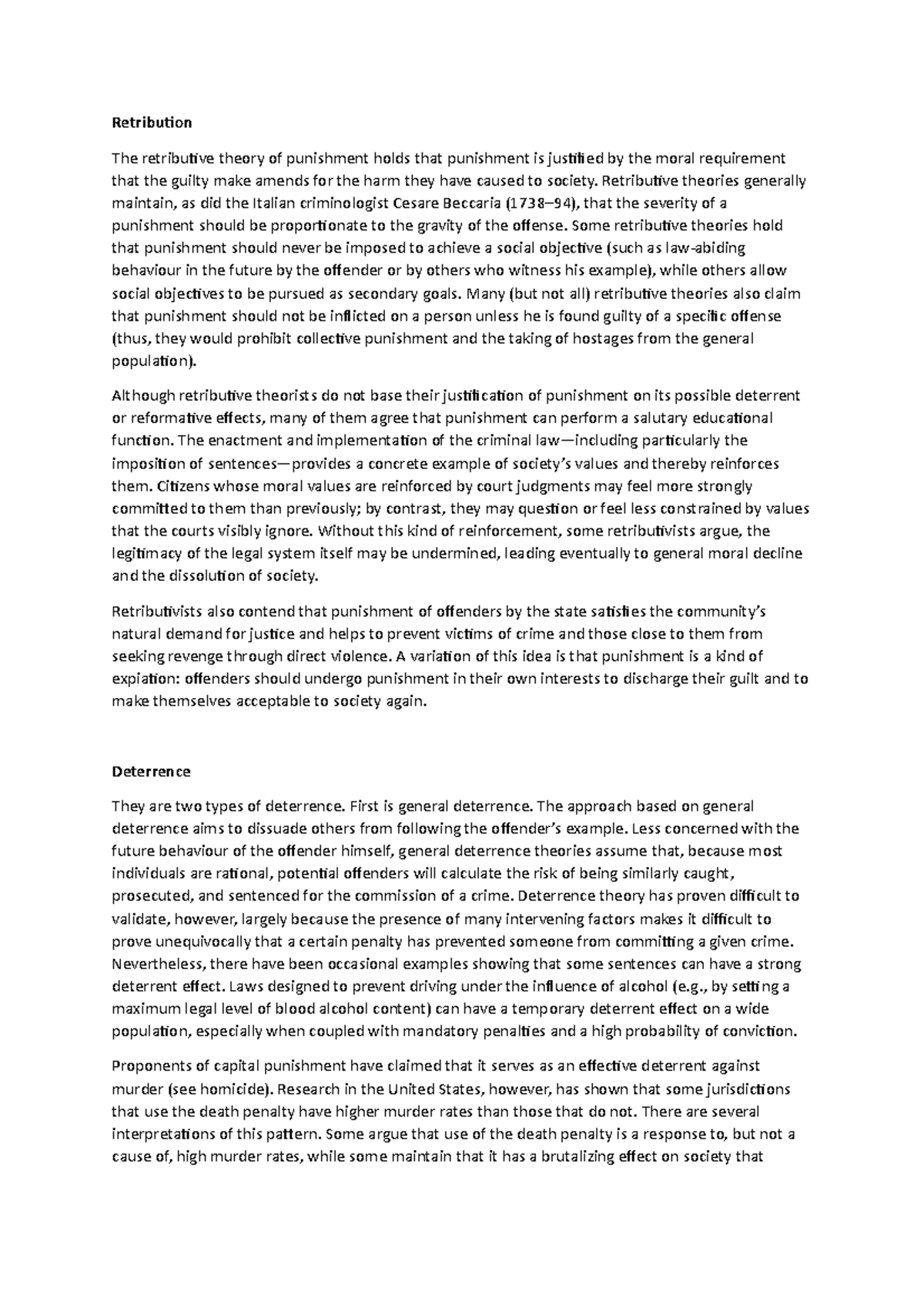 Types of punishment - Retribution The retributive theory of punishment ...