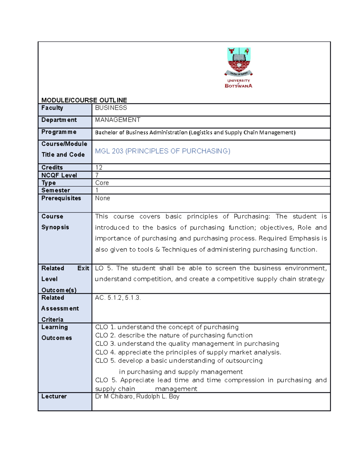 Courseoutline Principles OF Purchasing MGL 203 - MODULE/COURSE OUTLINE ...
