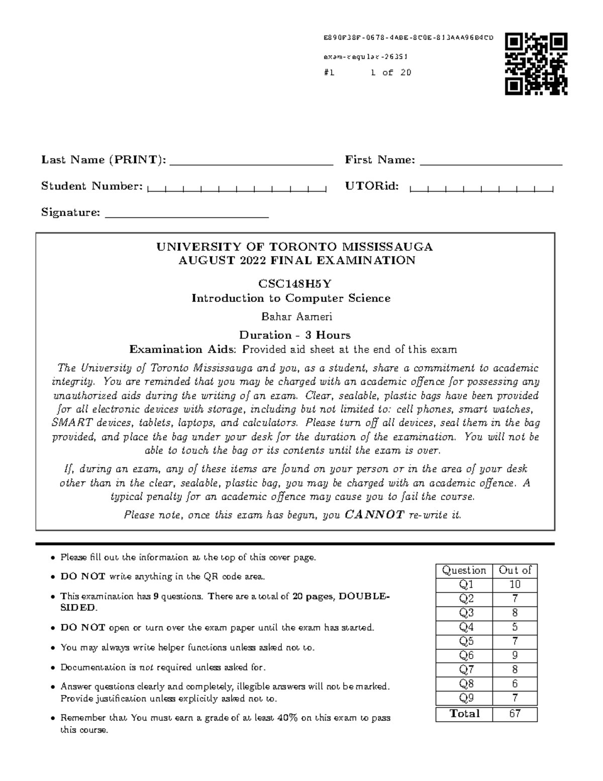 Csc148y-a22 removed - final - Last Name (PRINT): First Name: Student ...