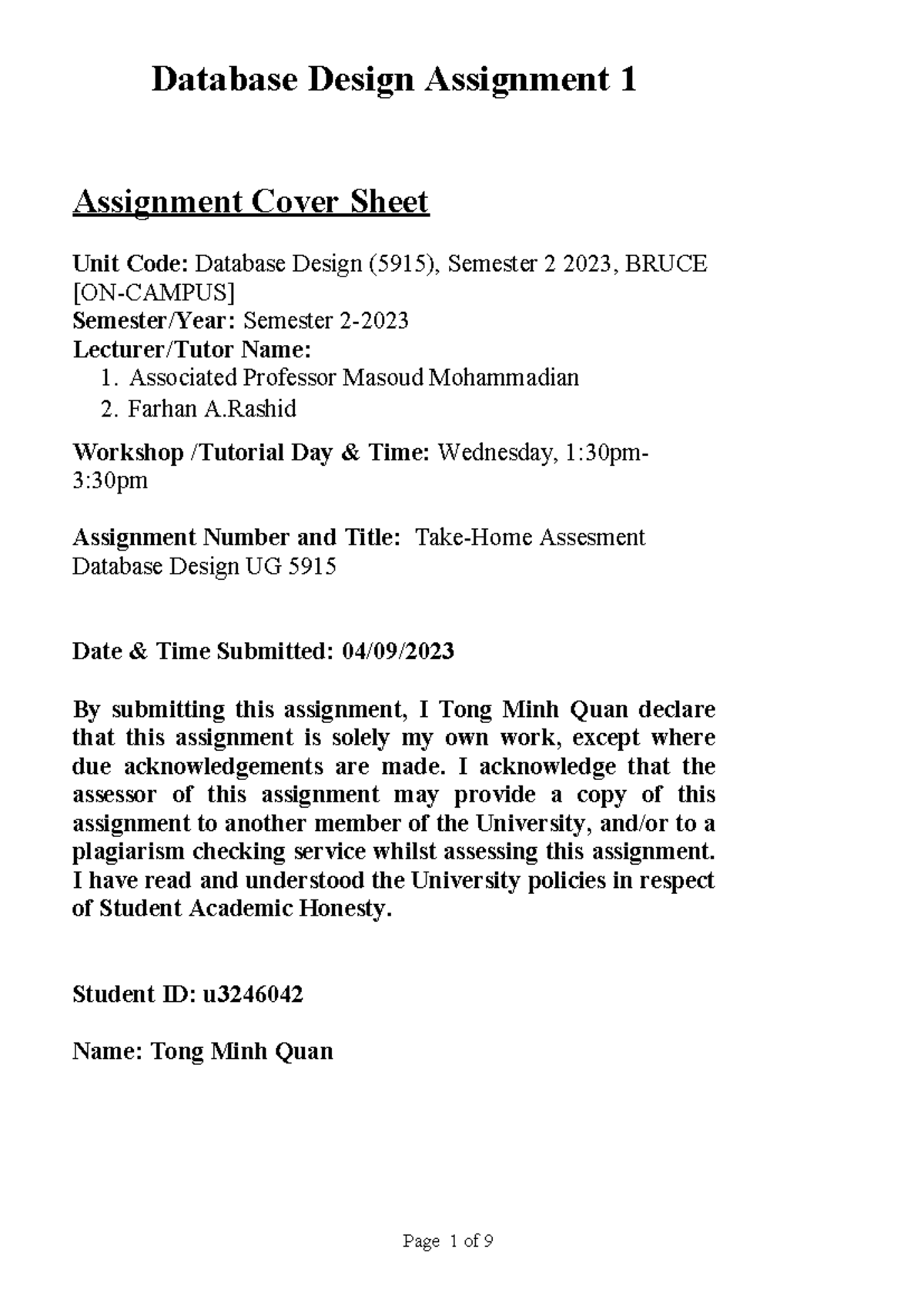 U3246042 Take-Home Assessment - Database Design Assignment 1 Assignment Cover Sheet Unit Code ...