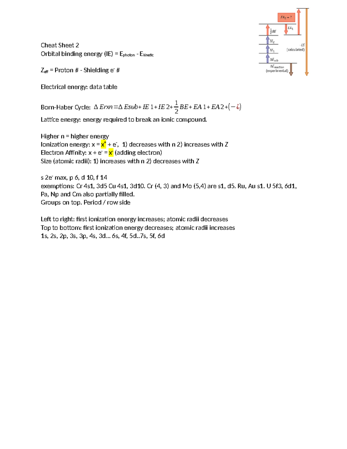 Cheat Sheet Test 2 - Cheat Sheet 2 Orbital binding energy (IE) = E ...