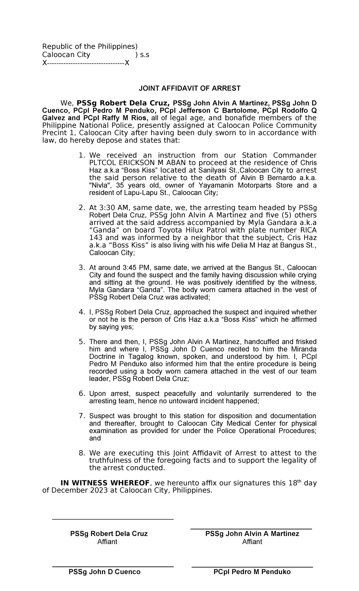 4 Joint Affidavit OF Arrest - Republic of the Philippines) Caloocan City ) s X-X JOINT AFFIDAVIT ...