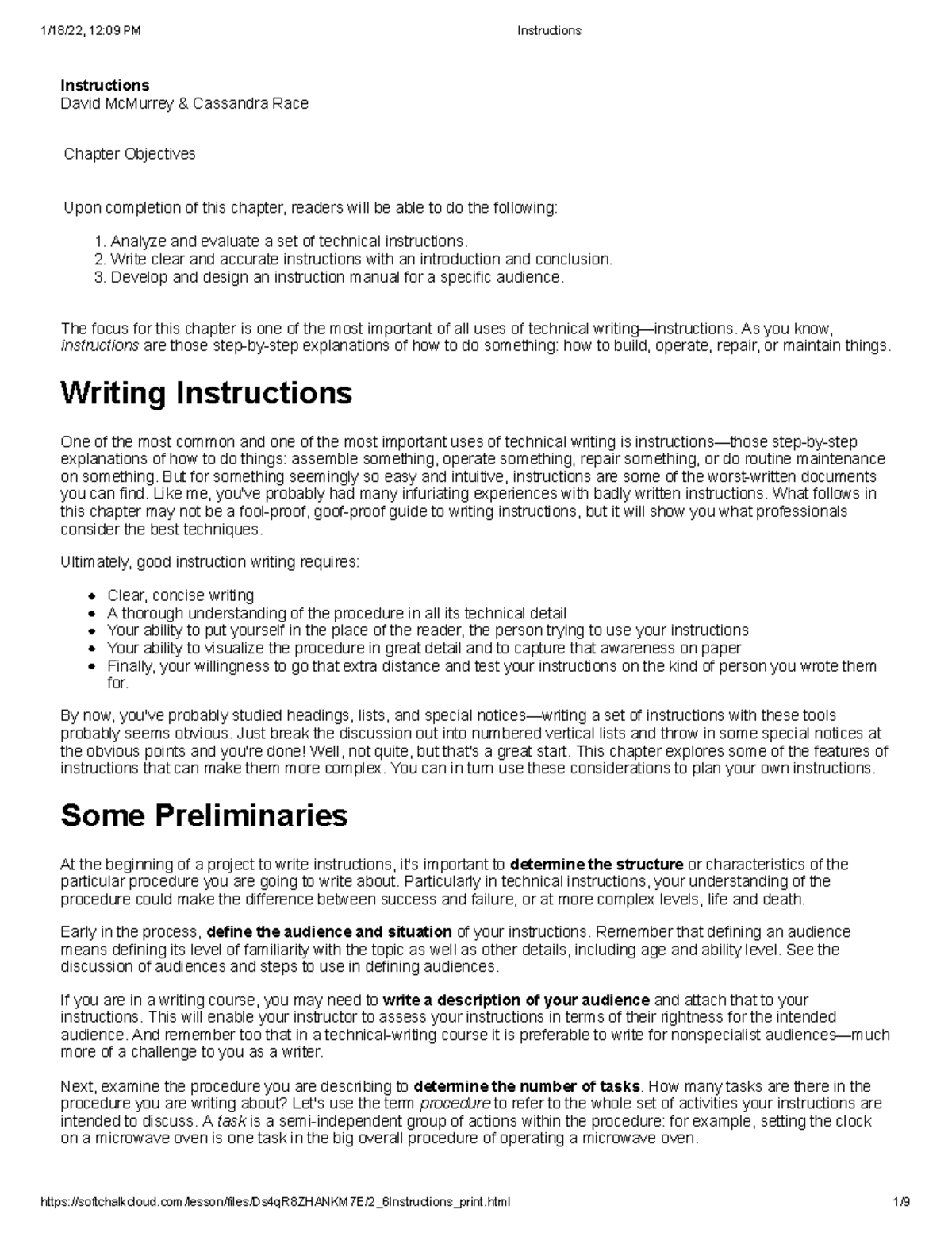 Writing instructions - notes - Instructions David McMurrey & Cassandra ...