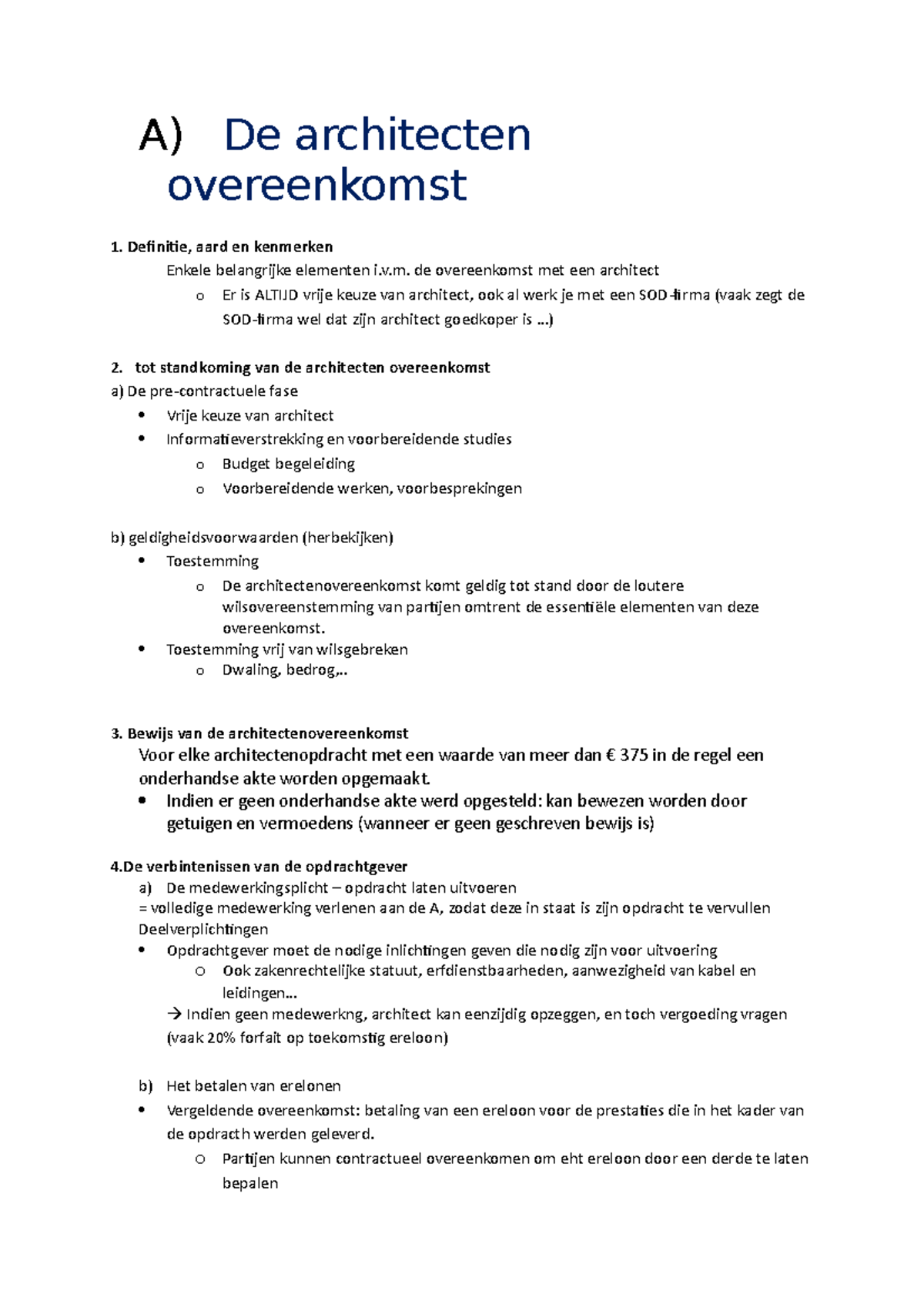 Samenvatting architect deel 2 - A) De architecten overeenkomst 1 ...