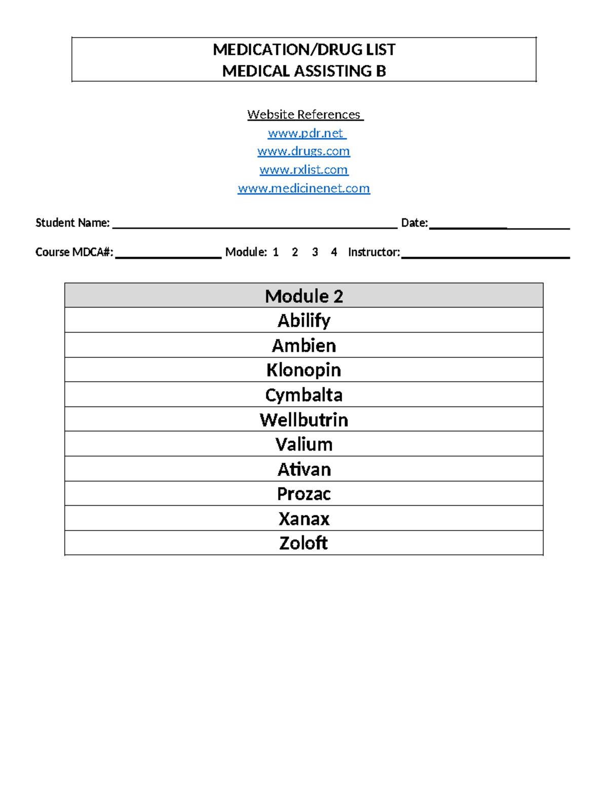 DRUG CARD MDCA1323 - M2 - MEDICATION/DRUG LIST MEDICAL ASSISTING B ...