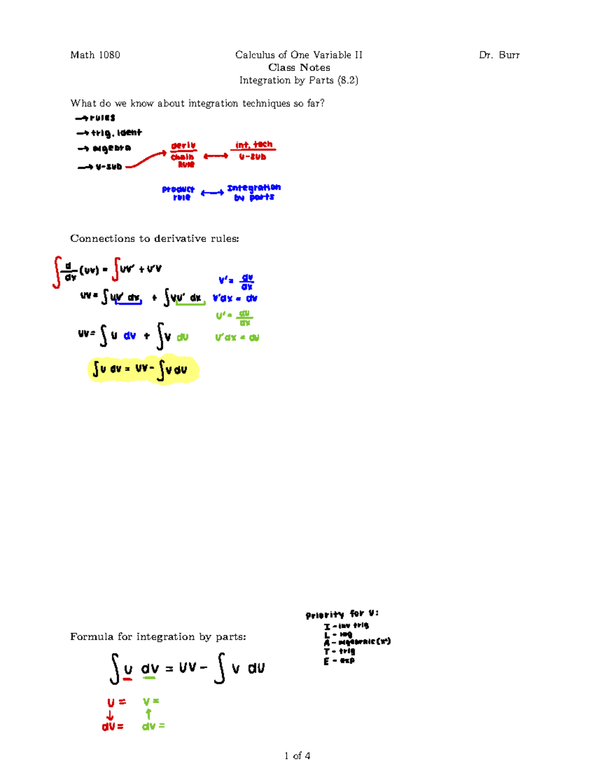 8.2 Integration By Parts - Math 1080 Calculus of One Variable II Dr ...