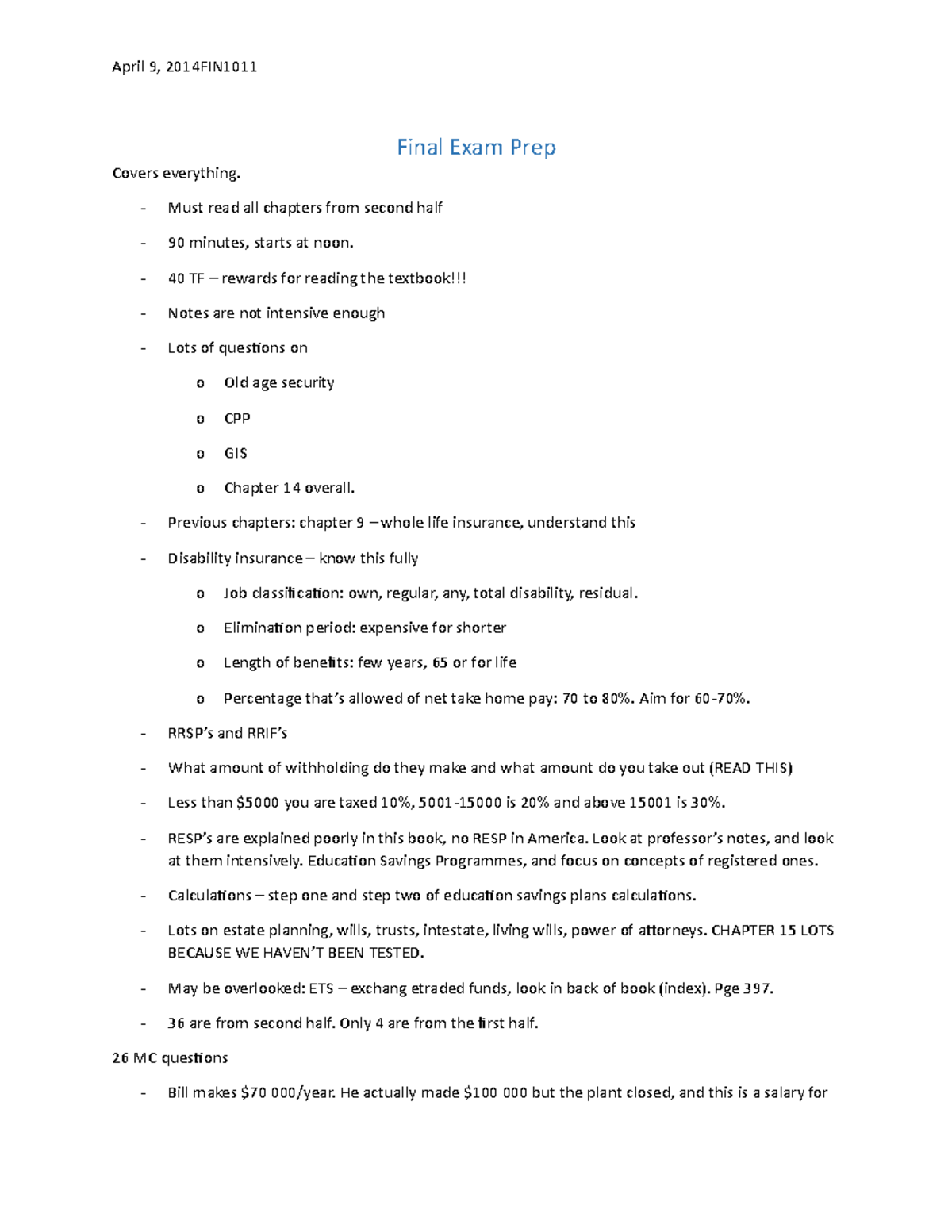 Final Exam April 2014, questions and answers - April 9, 2014FIN1011 ...