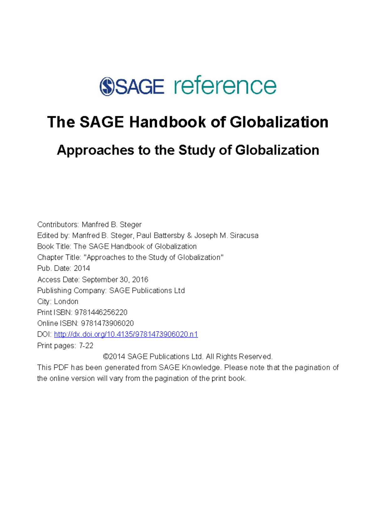 Approaches to the Study of Globalization - The SAGE Handbook of ...