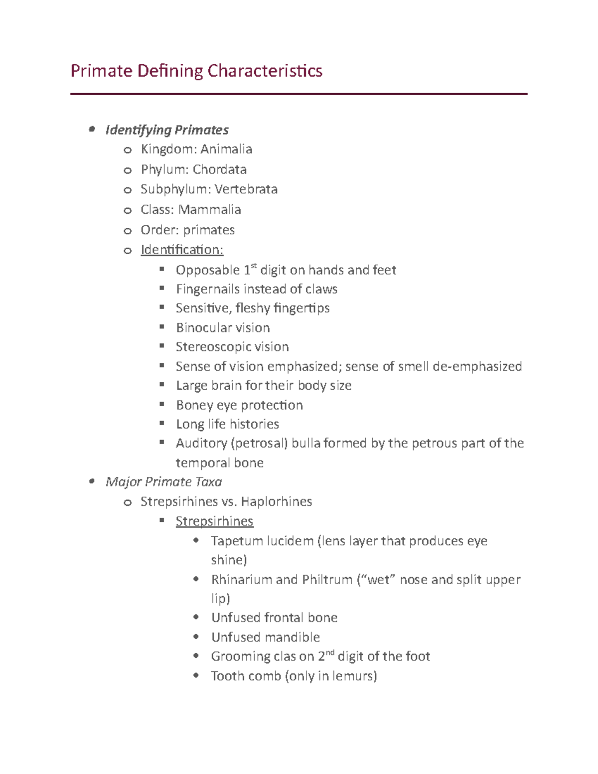 Primate Defining Characteristics - Haplorhines Strepsirhines Tapetum ...