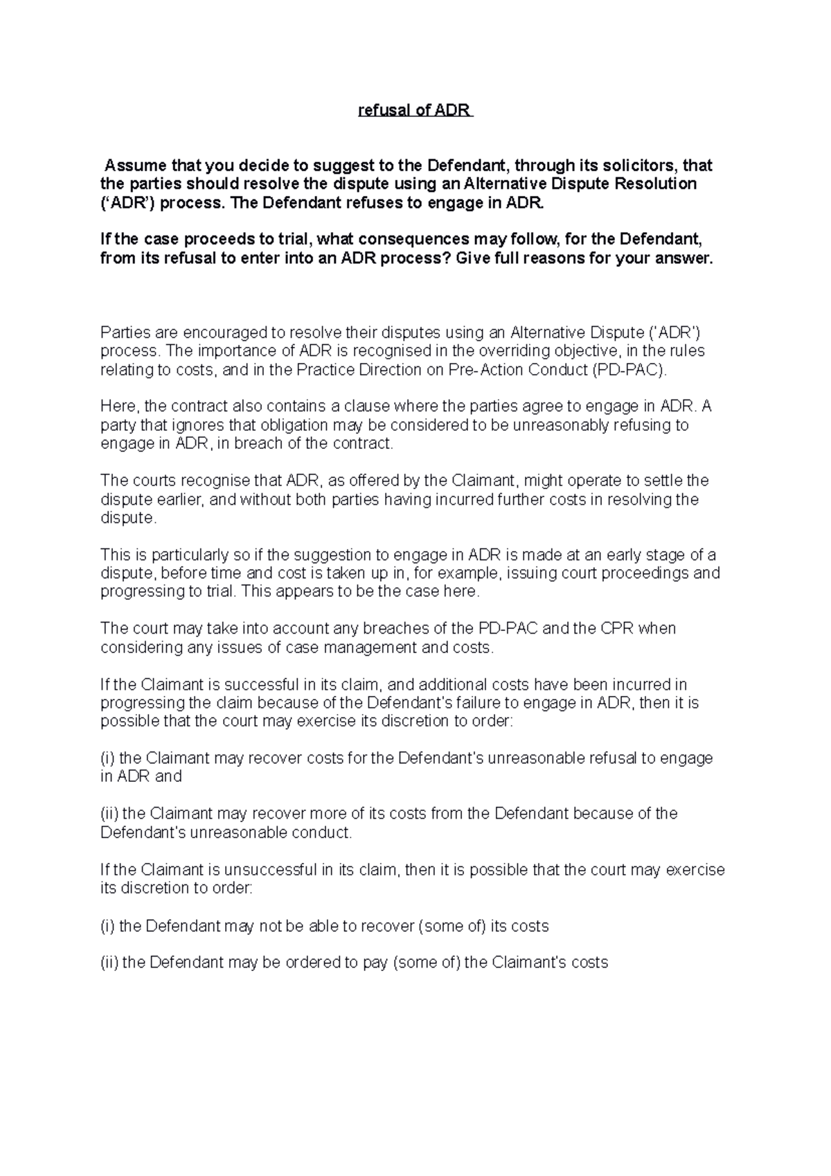 Sample/practice exam Winter 2020, questions and answers - refusal of ...