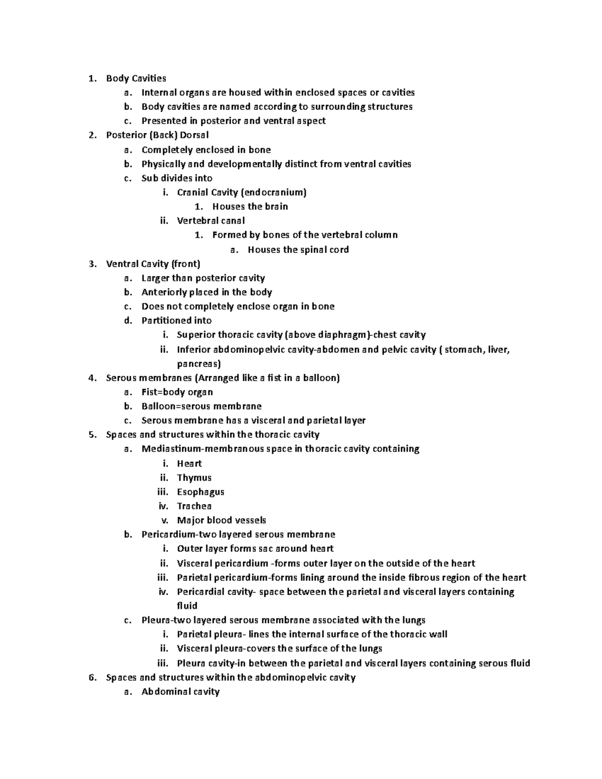Body Cavities and Membranes - Body Cavities a. Internal organs are ...