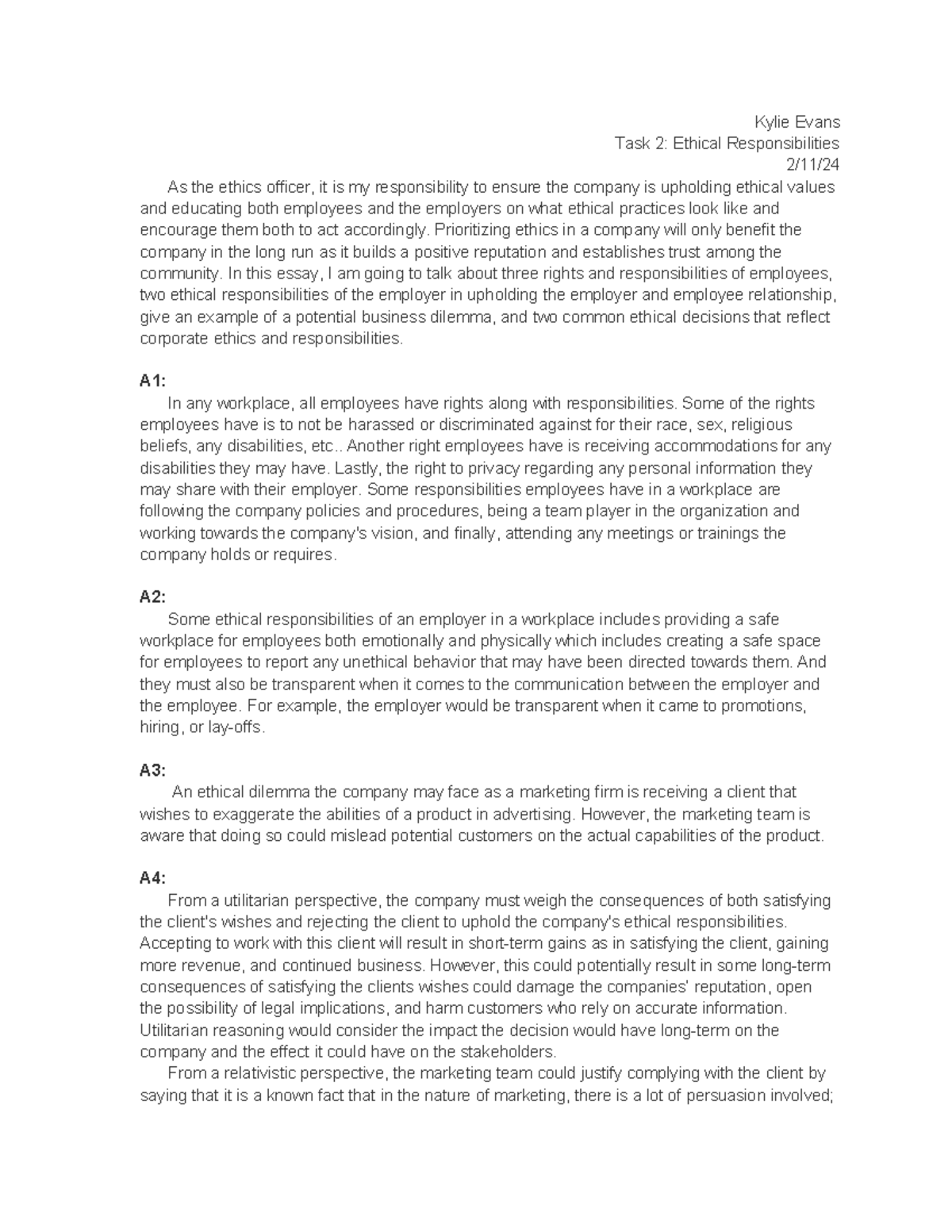 Business Ethics - Task 2-2 - Kylie Evans Task 2: Ethical ...
