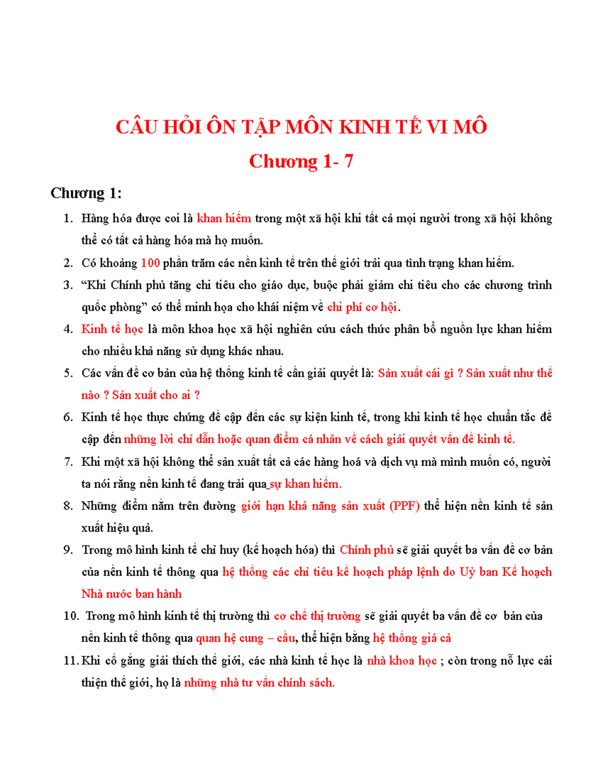 KTVM- Điền từ 7 chương - CÂU HỎI ÔN TẬP MÔN KINH TẾ VI MÔ Chương 1- 7 Chương 1: Hàng hóa - Studocu