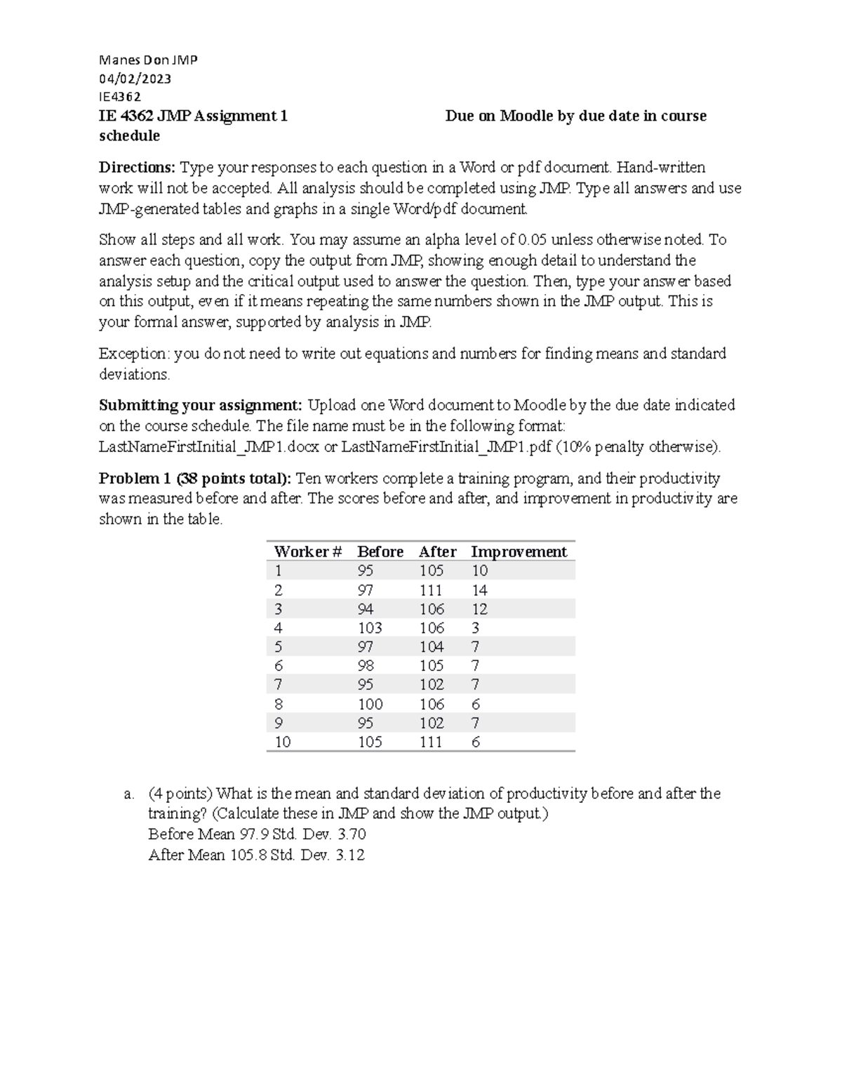 Jump Assignment 1 - 04/02/ IE IE 4362 JMP Assignment 1 Due on Moodle by due date in course ...