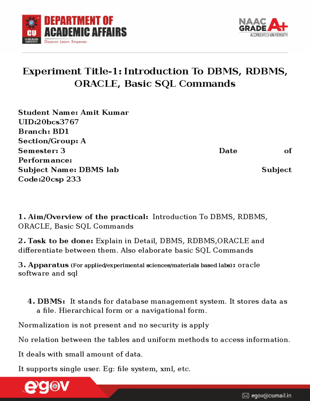Worksheet 1 - make assignment - Experiment Title-1: Introduction To DBMS, RDBMS, ORACLE, Basic ...