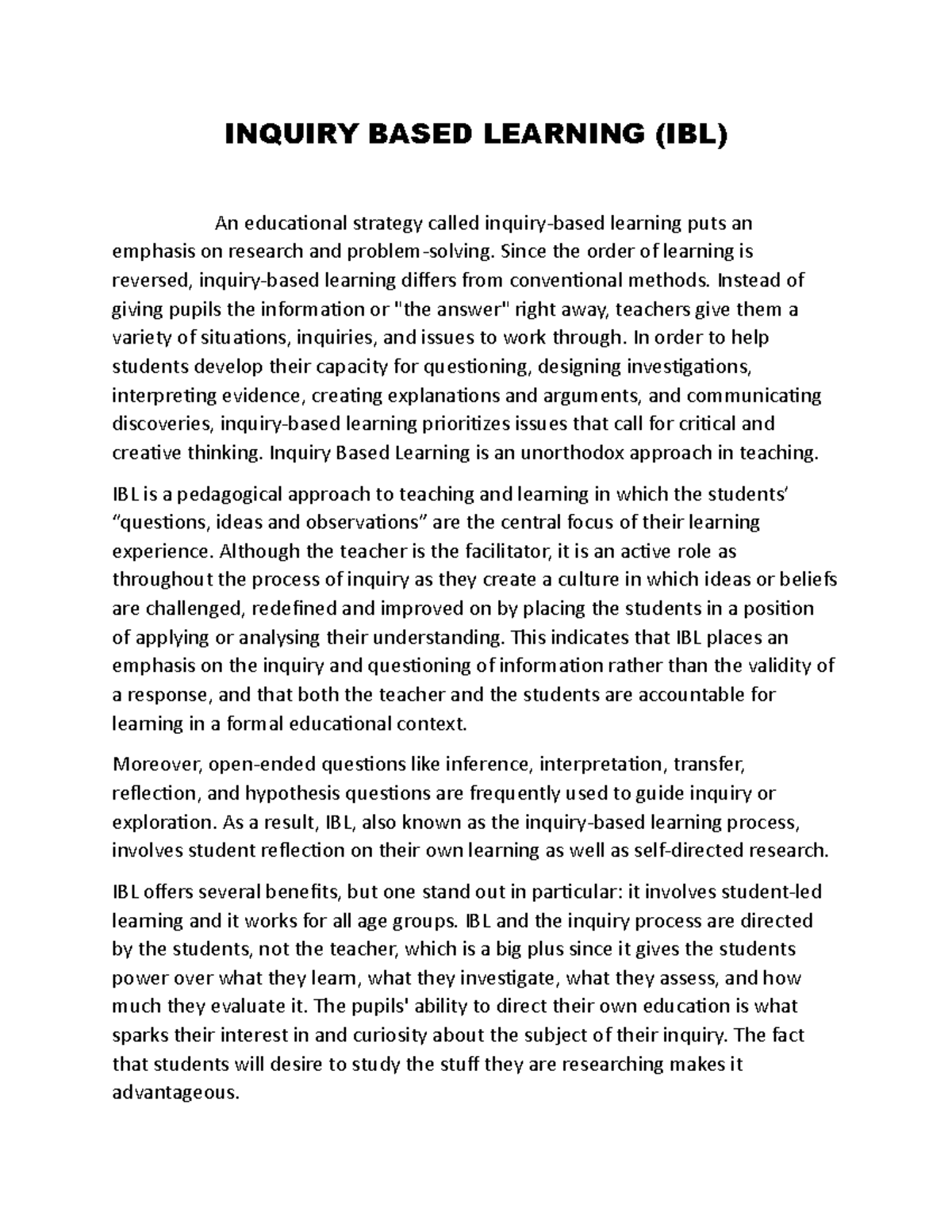 Nicolette inquiry based learning - INQUIRY BASED LEARNING (IBL) An ...