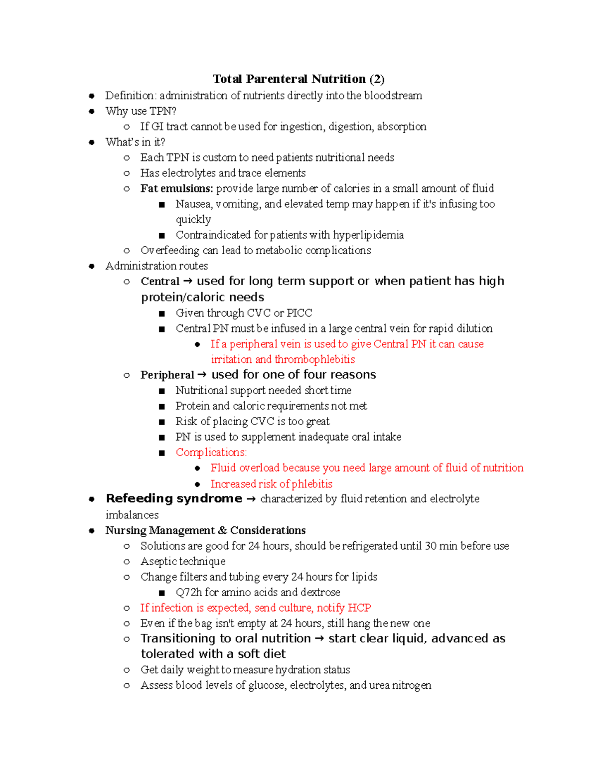 Exam 3 Study Guide (1) - Total Parenteral Nutrition (2) Definition ...