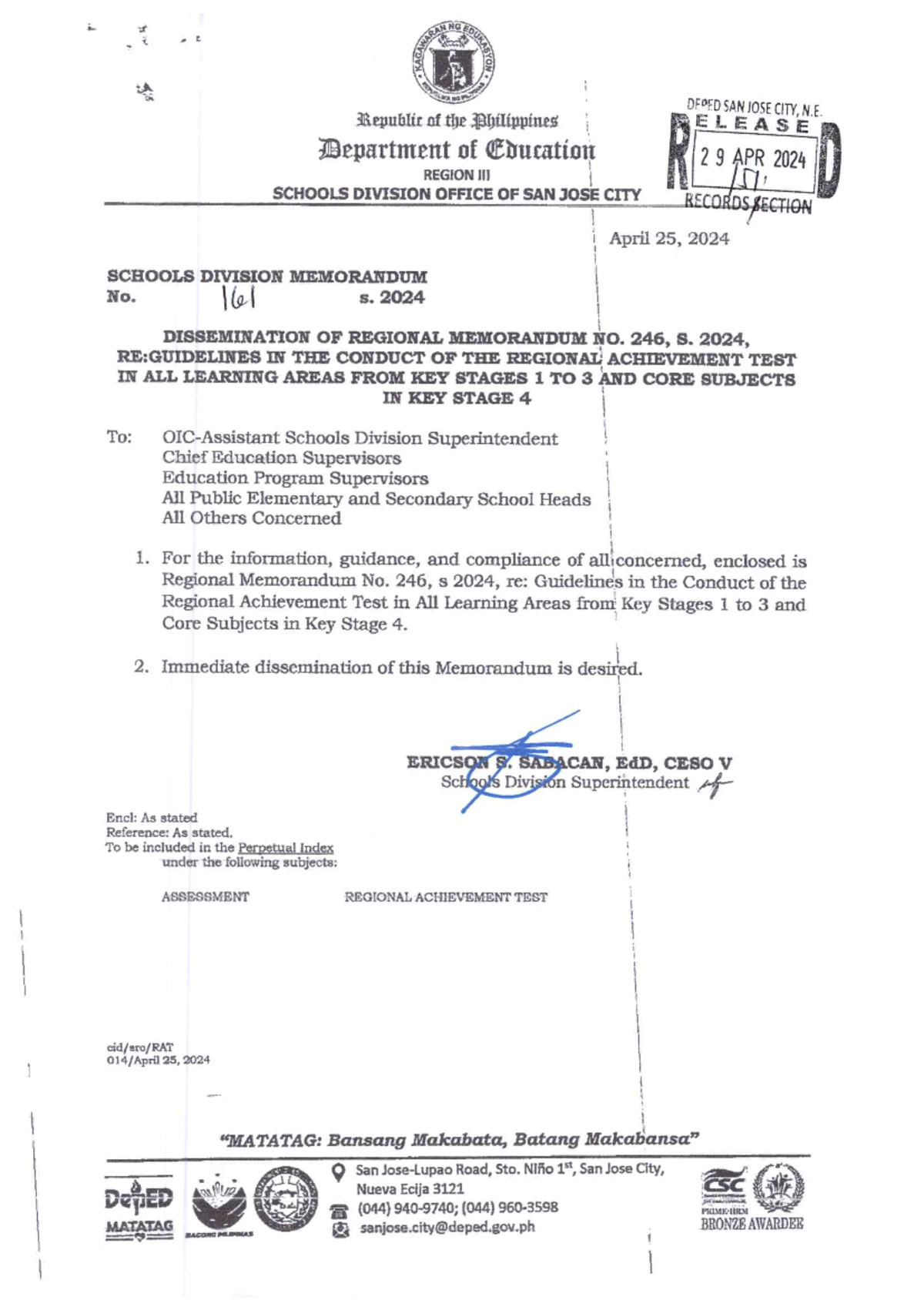 SDM No. 161, S. 2024 Disseminatino OF Regional Memorandum NO 246 S 2024, RE Guidelines IN THE ...