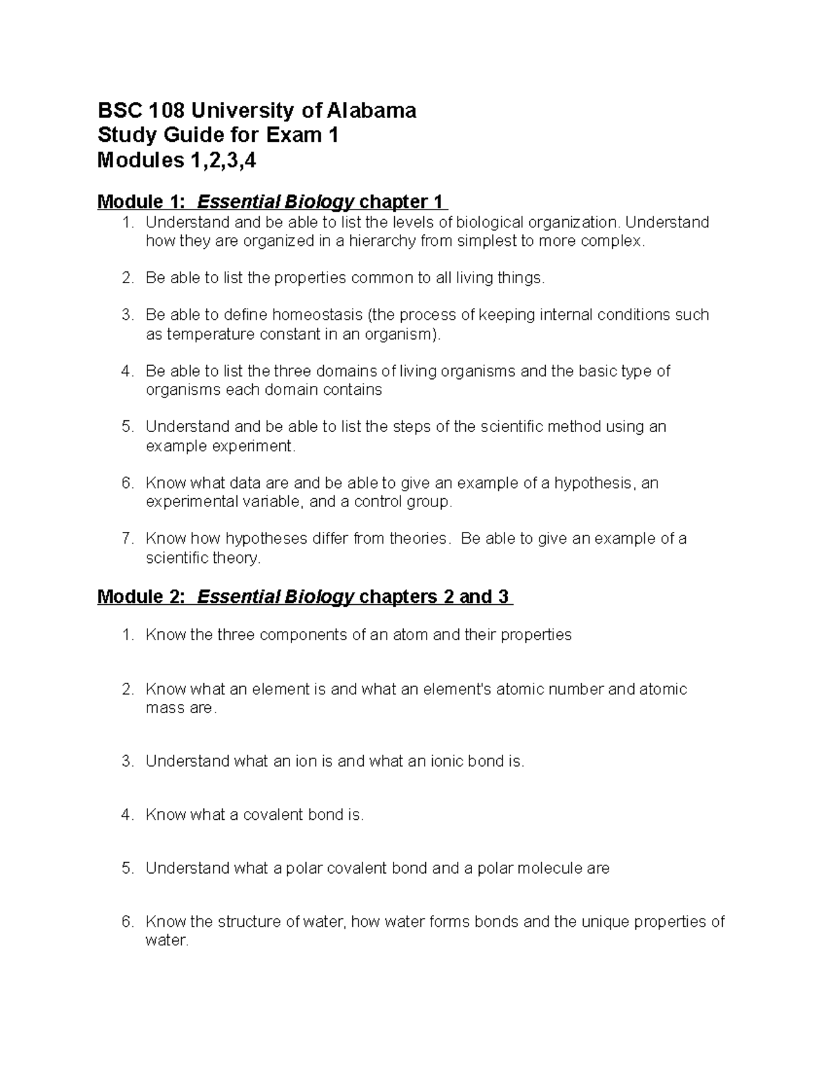Exam 1 Study Guide - BSC 108 University of Alabama Study Guide for Exam ...