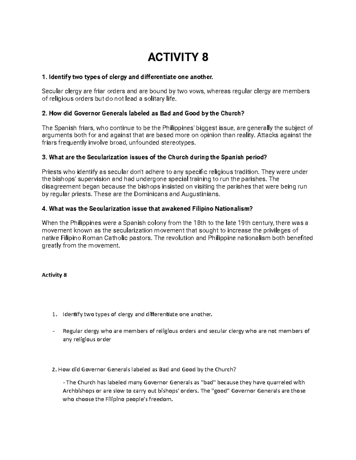 RN8 - Rizal-Chapter-8 - ACTIVITY 8 Identify two types of clergy and ...