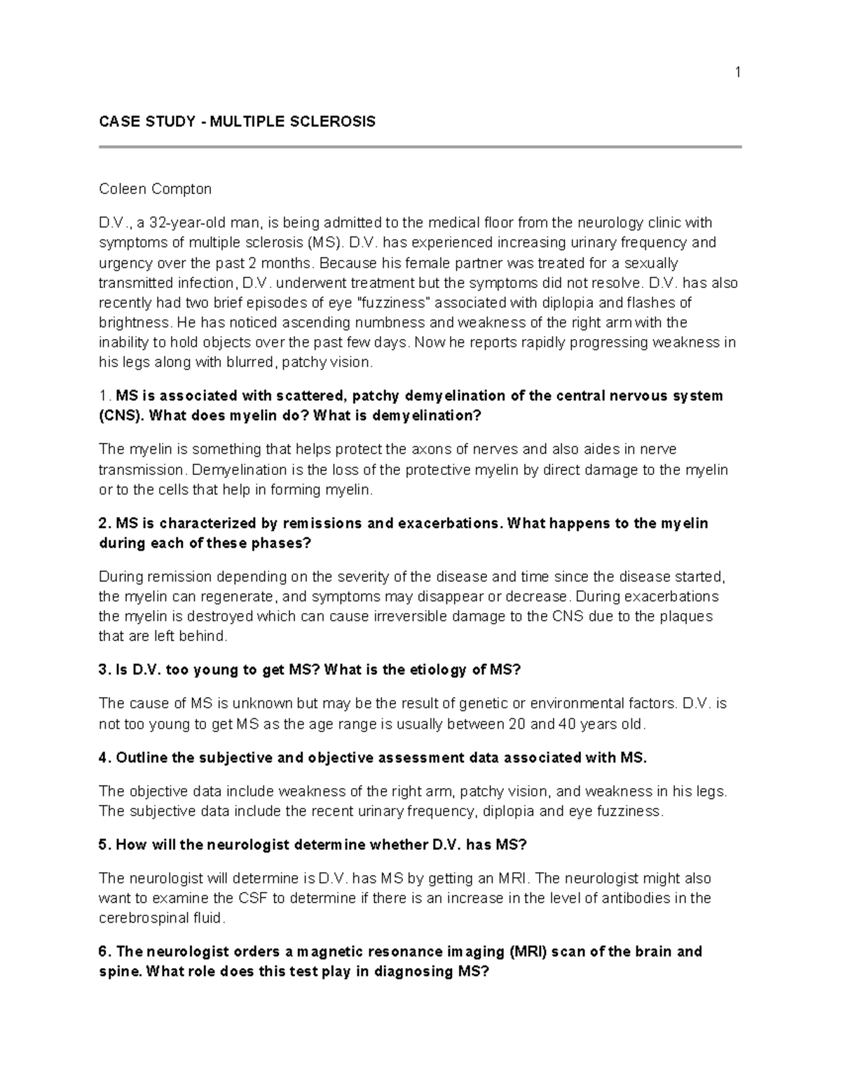 Multiple Sclerosis case study - CASE STUDY - MULTIPLE SCLEROSIS Coleen ...
