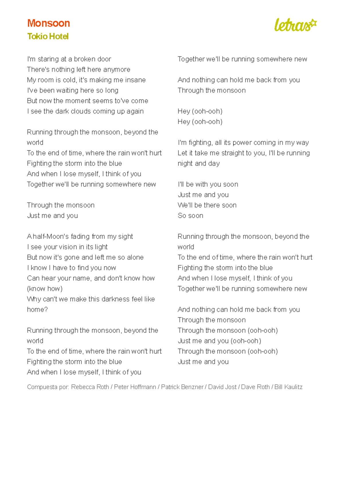 Monsoon - Tokio Hotel (Impresión) - I'm staring at a broken door There's nothing left here ...