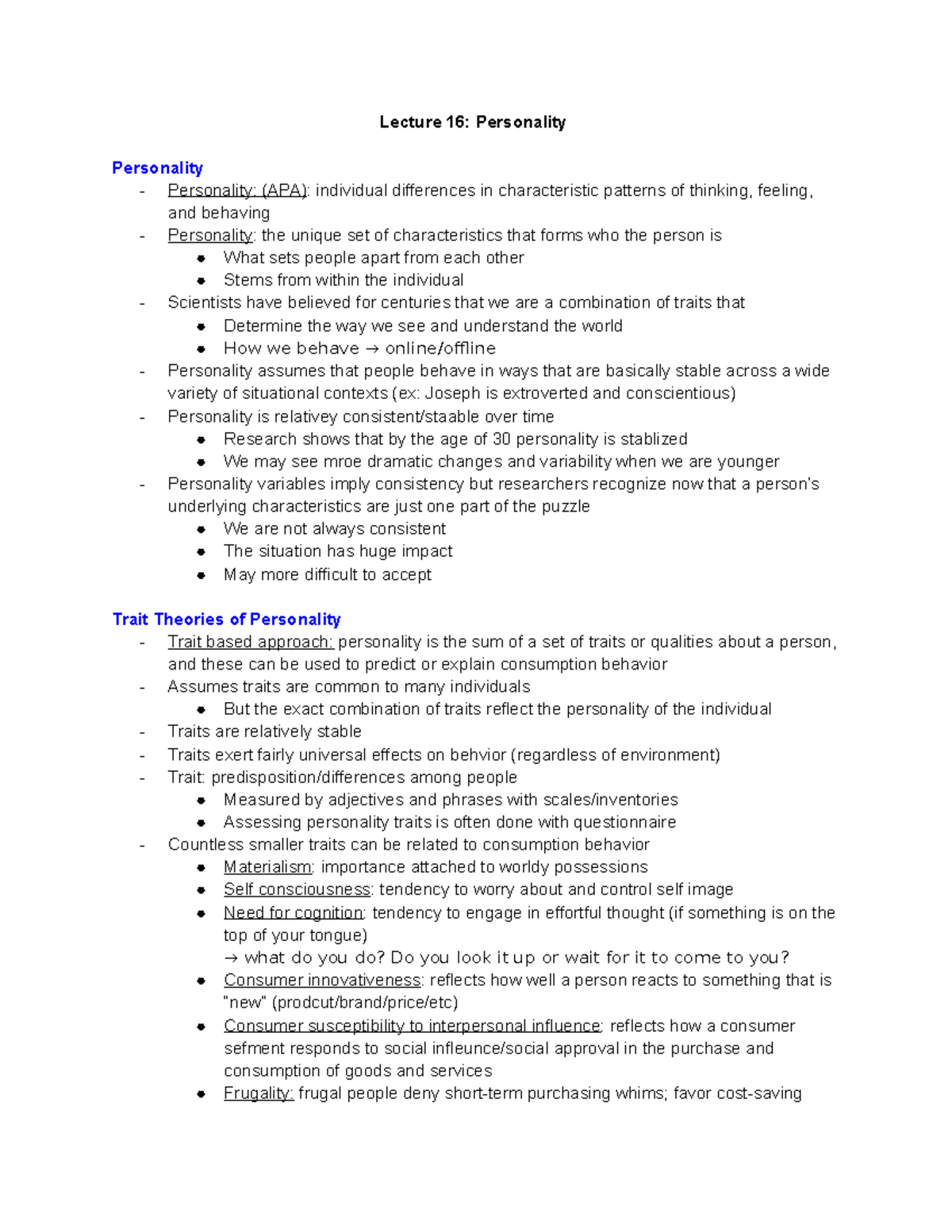 16- Personality - Lecture 16: Personality Personality - Personality ...