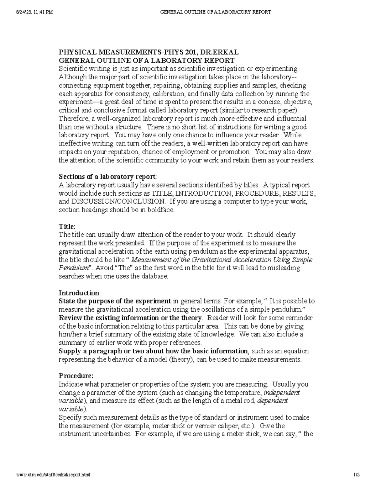 PHY Lab Report Outline - lab experiment - 8/24/23, 11:41 PM GENERAL ...