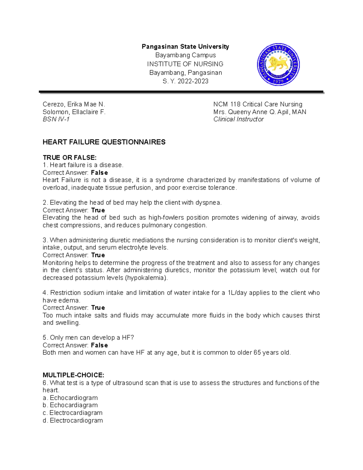 Heart-Failure-Quiz - Quizzes - Pangasinan State University Bayambang ...