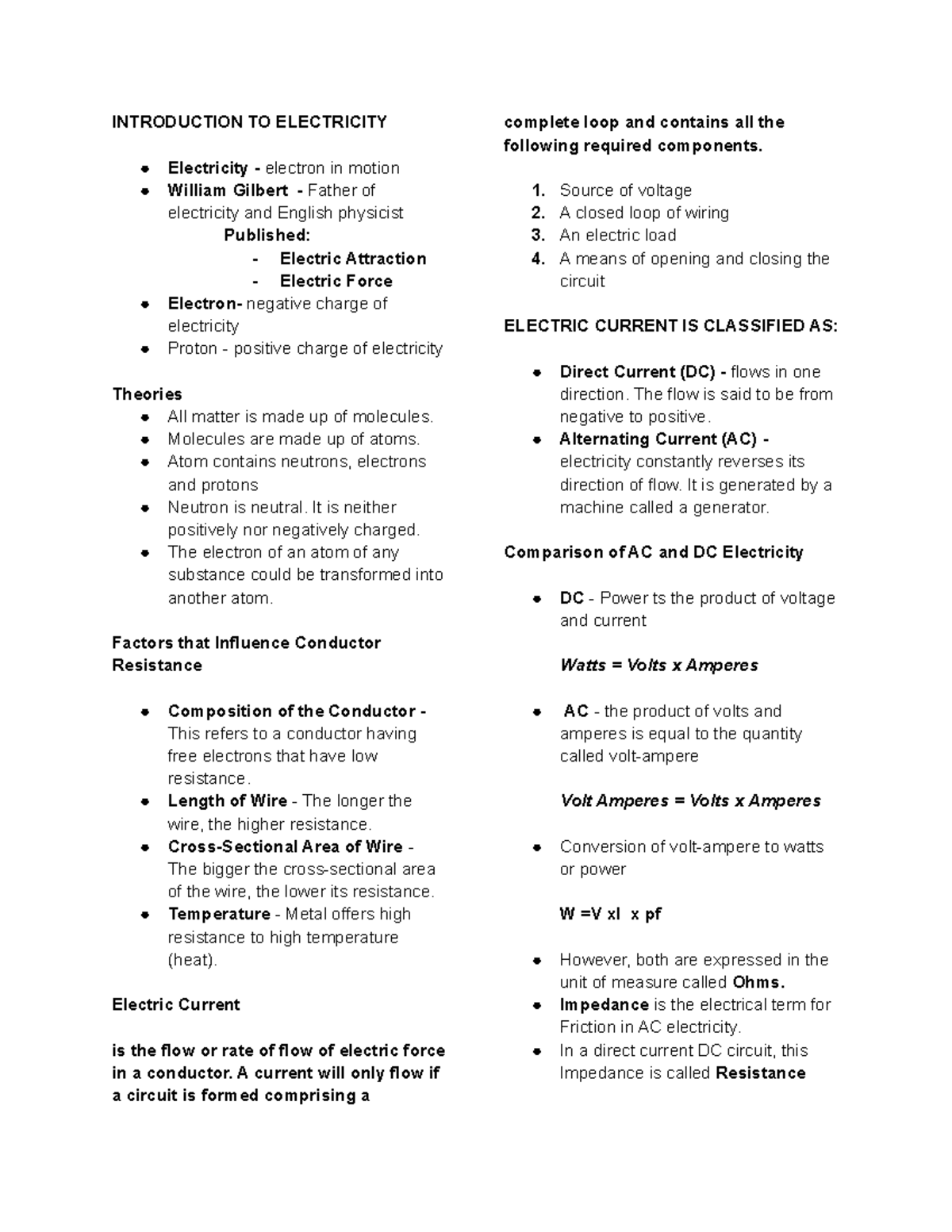 Introduction TO Electricity - INTRODUCTION TO ELECTRICITY Electricity ...