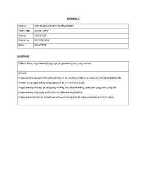 Tutorial 3 - TUTORIAL 3 Name: NUR SYAZWANI BINTI KAMARUDDIN Matric No ...