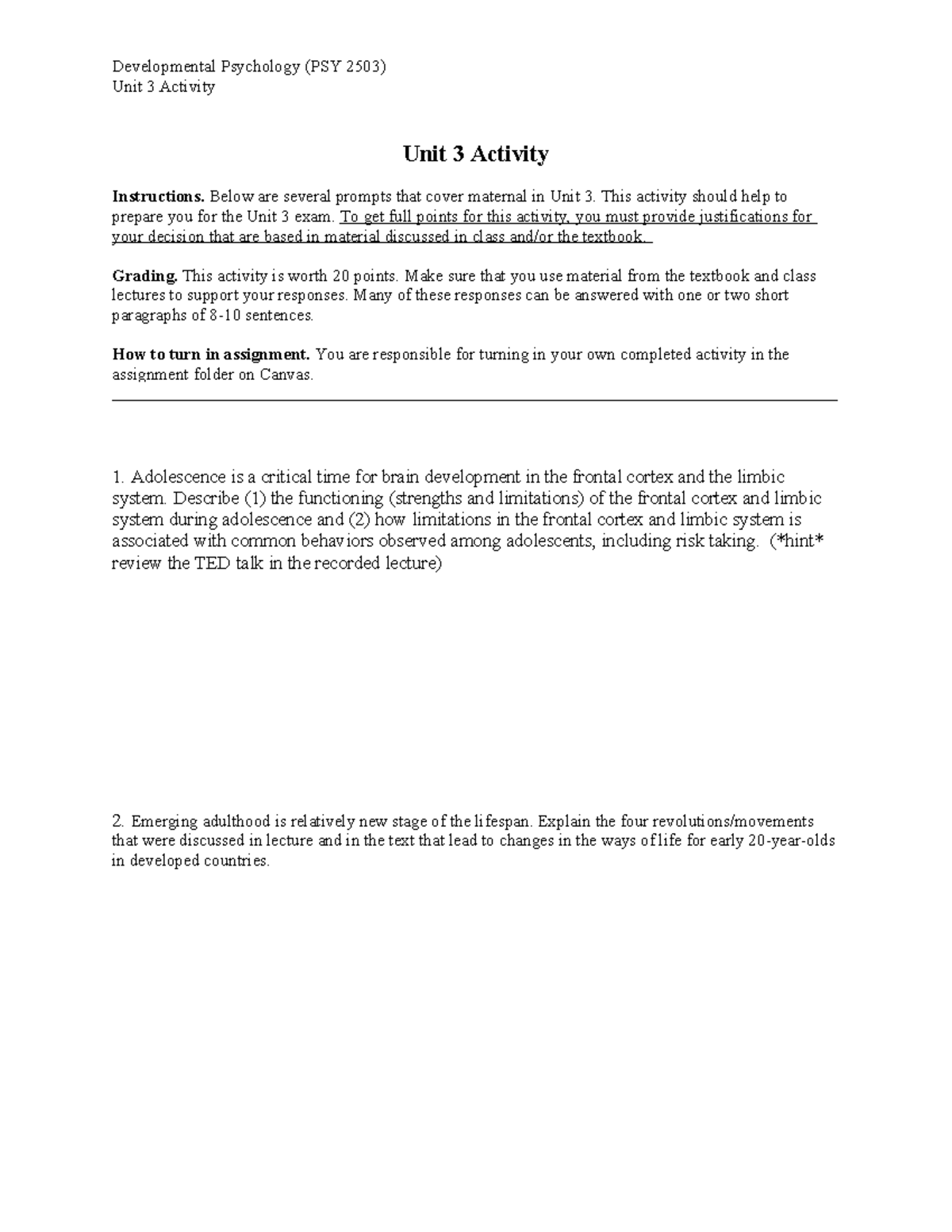 Blank Unit 3 Activity-1 - Developmental Psychology (PSY 2503) Unit 3 ...
