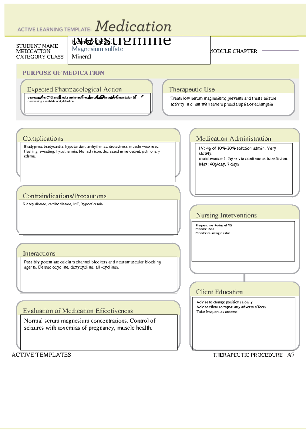 Ati b med magnesium sulfate - ACTIVE TEMPLATES THERAPEUTIC PROCEDURE A ...