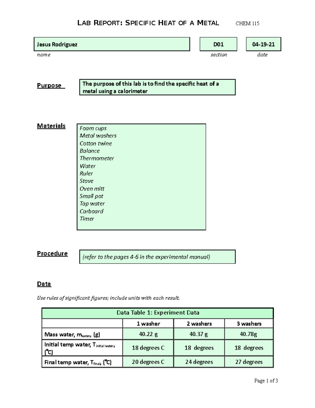 Lab Report Specific Heat of a Metal Jesus Rodriguez - LAB REPORT ...