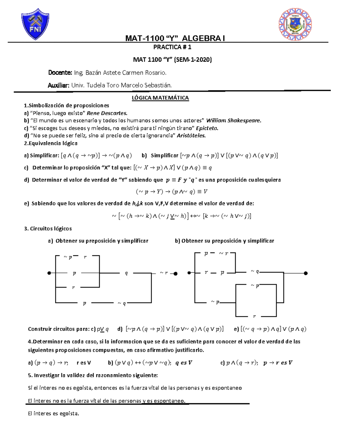 Practica MAT 1100 Leyes Logicas - Warning: TT: undefined function: 32 Warning: TT: undefined ...