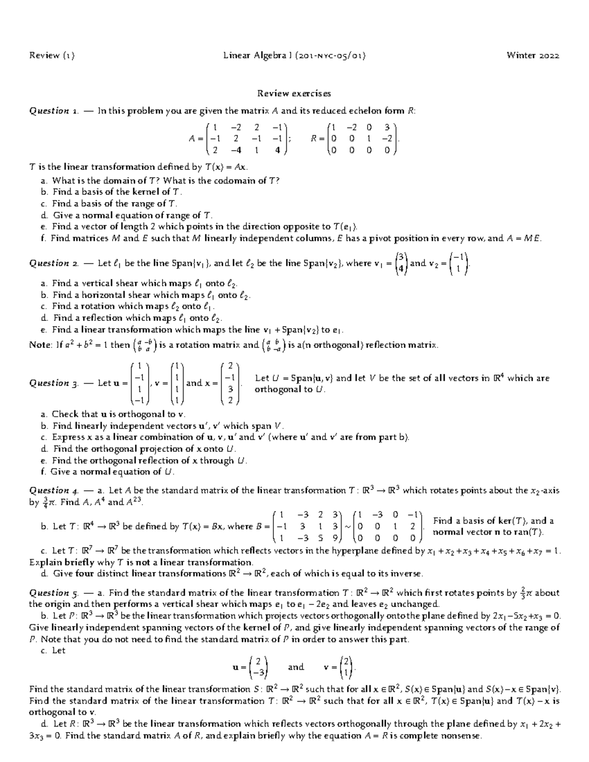 linear algebra vector - Review exercises Question . — In this problem ...