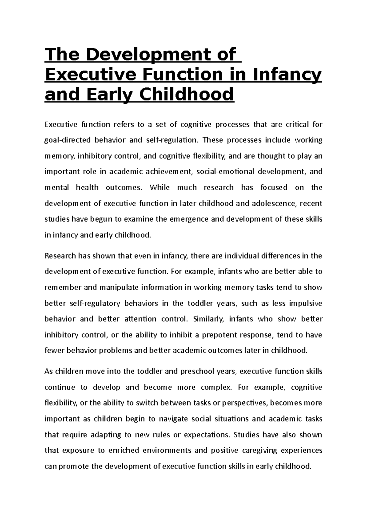 The Development of Executive Function in Infancy and Early Childhood ...