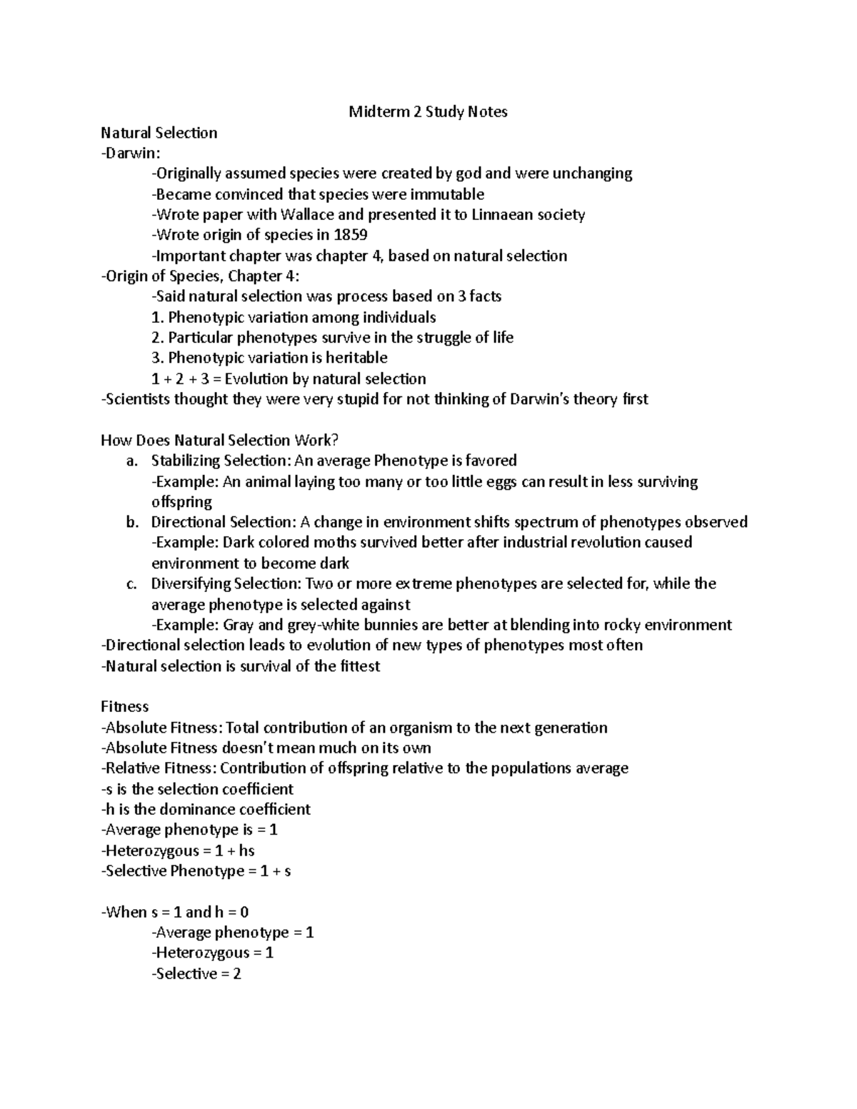 Midterm 2 Study Notes - Midterm 2 Study Notes Natural Selection -Darwin ...